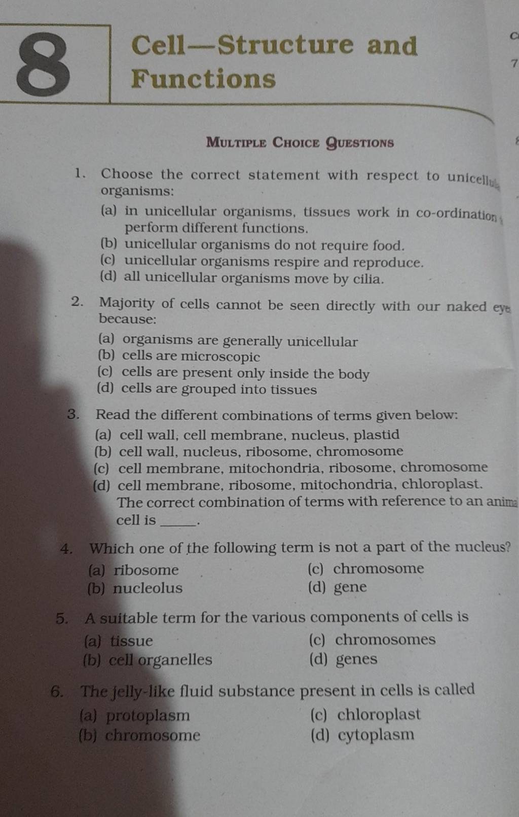 Cell-Structure and Functions Multiple Choice guestions 1. Choose the corr..