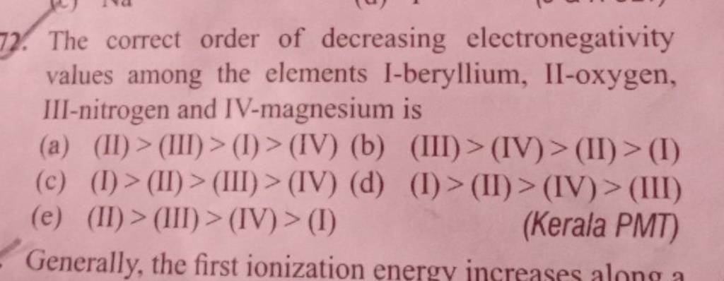 72. The correct order of decreasing electronegativity values among the el..