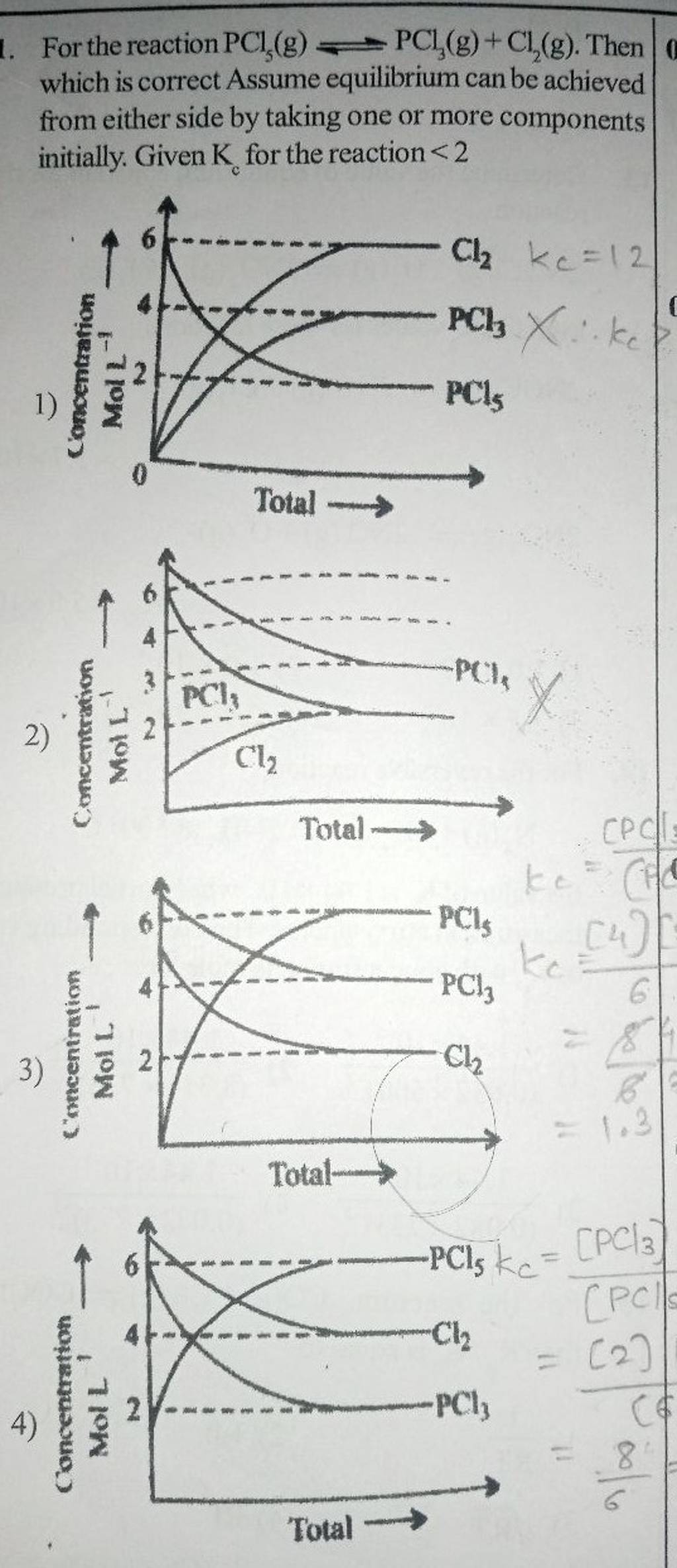 For the reaction PCl5 ( g) PCl3 ( g)+Cl2 ( g). Then which is correct Assu..