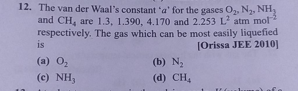 The van der Waal's constant ' a ' for the gases O2 , N2 ,NH3 and CH4 ar..