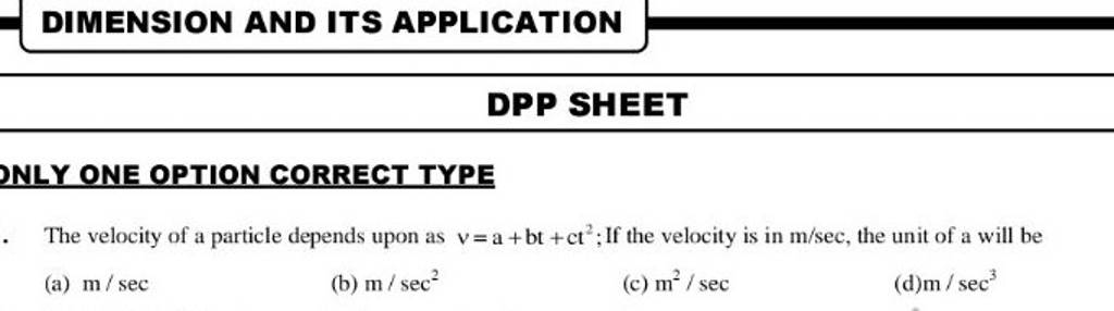 DIMENSION AND ITS APPLICATION DPP SHEET ONLY ONE OPTION CORRECT TYPE The