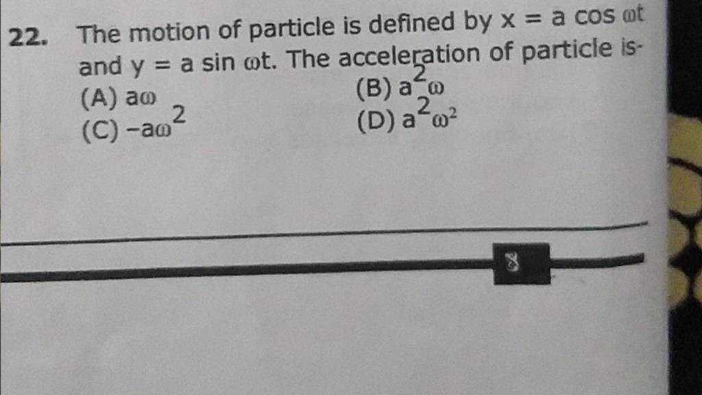 22. The motion of particle is defined by x=acosωt and y=asinωt. The accel..