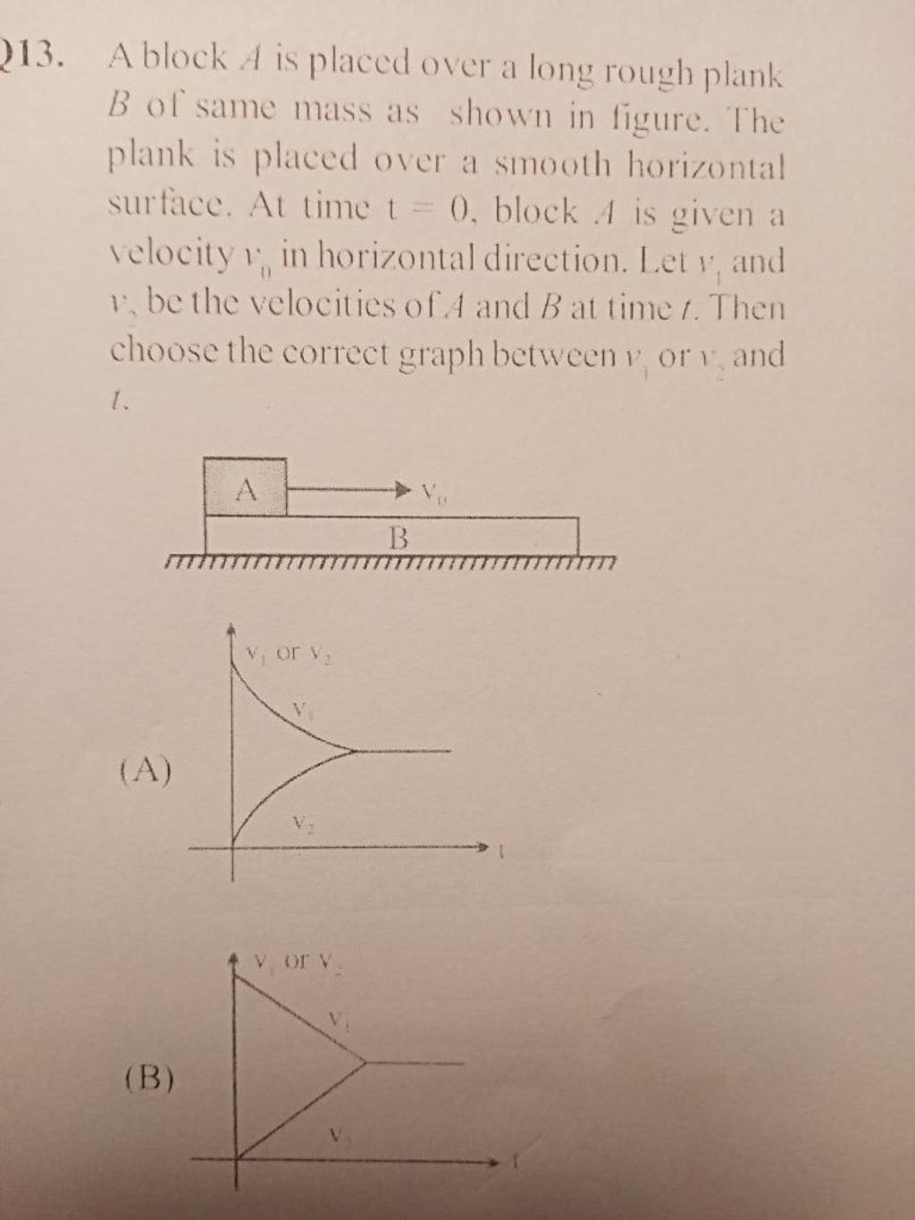 13. A block A is placed over a long rough plank B of same mass as shown i..