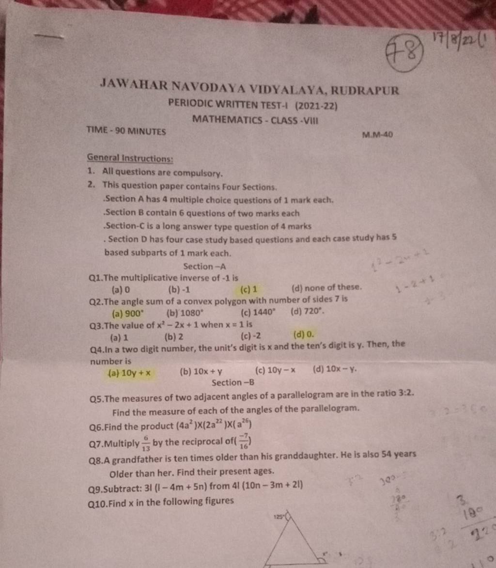 Q4.In a two digit number, the unit's digit is x and the ten's digit is y...