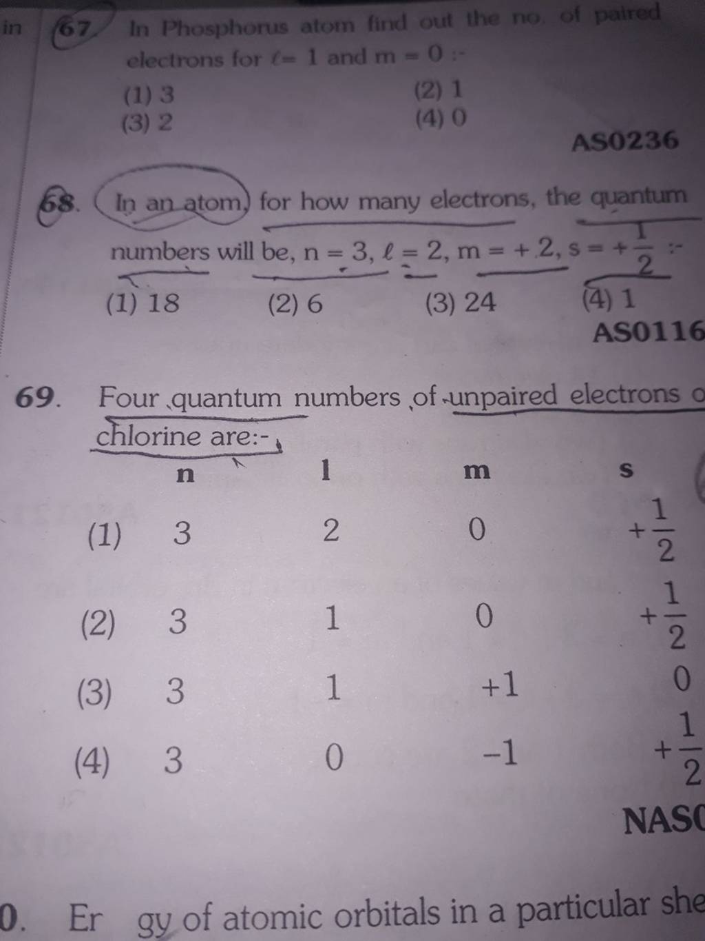 (3) 24 (4) 1 ASO116 69. Four quantum numbers of unpaired electrons chl..