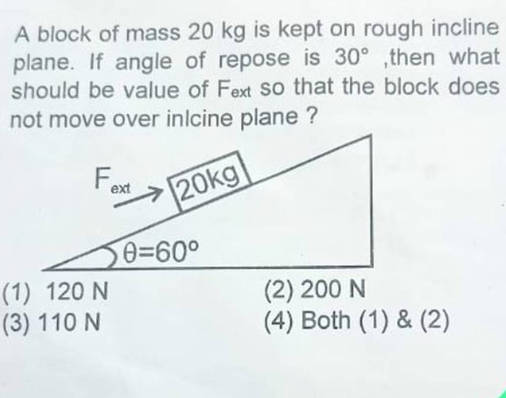 A block of mass 20 kg is kept on rough incline plane. If angle of repose