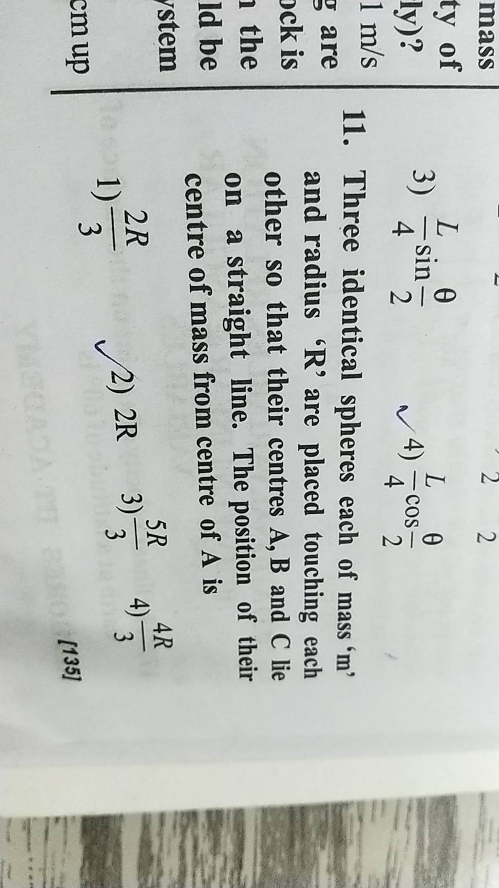 Three identical spheres each of mass ' m ' and radius ' R ' are placed to..