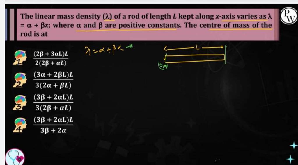 The linear mass density (λ) of a rod of length L kept along x-axis varies..