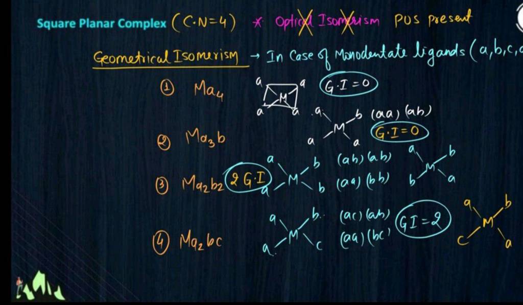 Square Planar Complex (C⋅N=4)∗ opticf Isomfrism pos present Geometrical I..