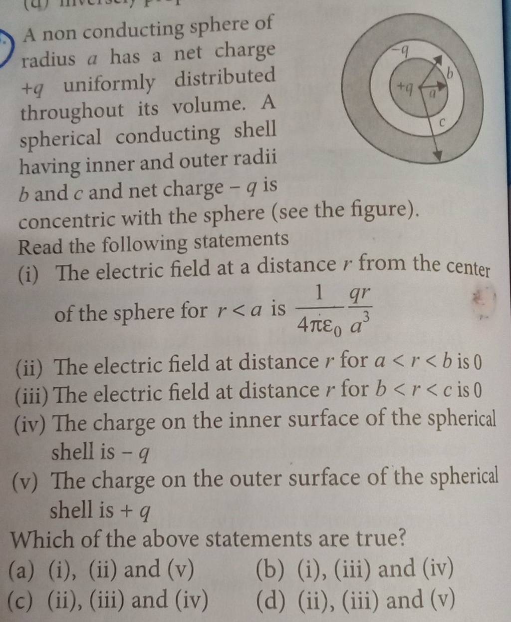 A non conducting sphere of radius a has a net charge +q uniformly distrib..