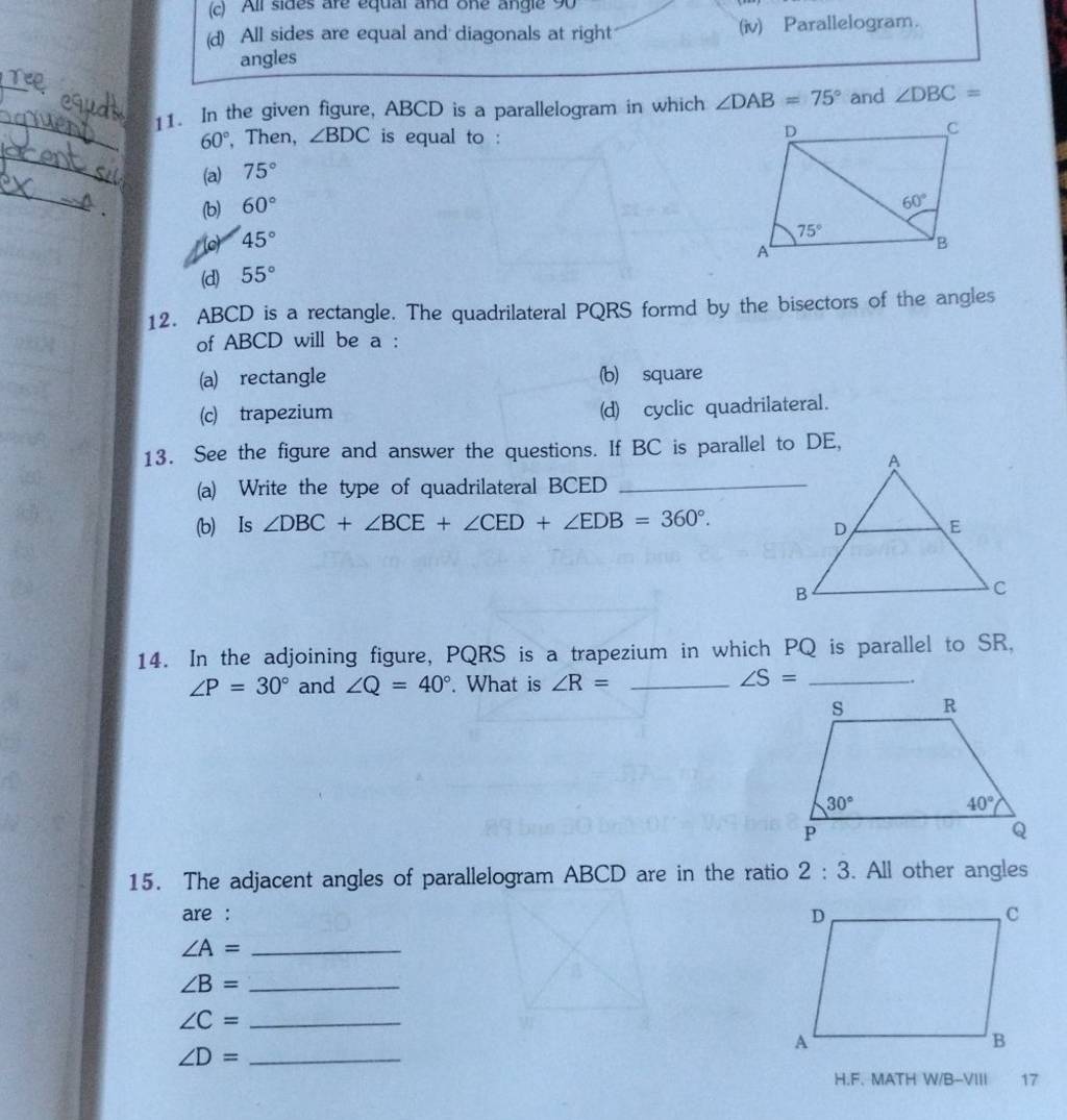 11. In the given figure, ABCD is a parallelogram in which ∠DAB=75∘ and ∠D..