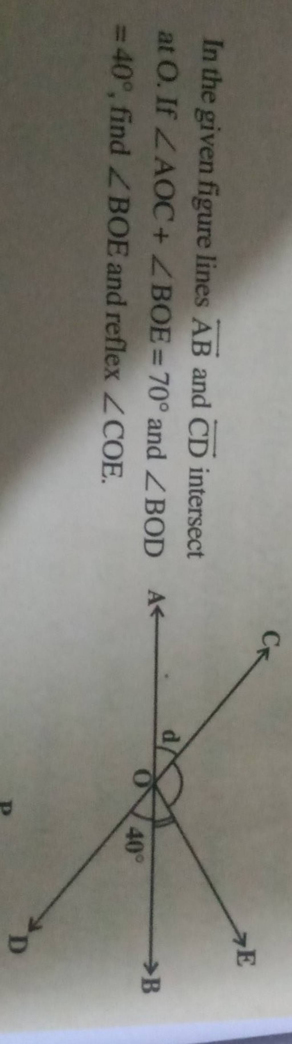 In The Given Figure Lines Ab And Cd Intersect At O If ∠aoc ∠boe 70∘ And