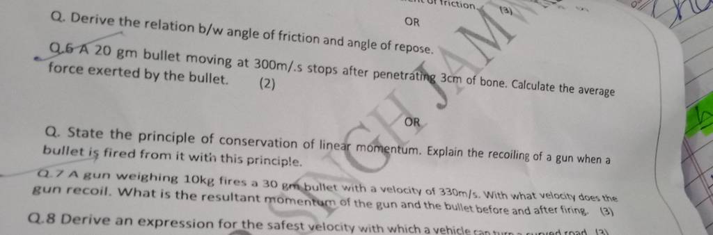Q Derive The Relation B W Angle Of Friction And Angle Of Repose Q 6 A