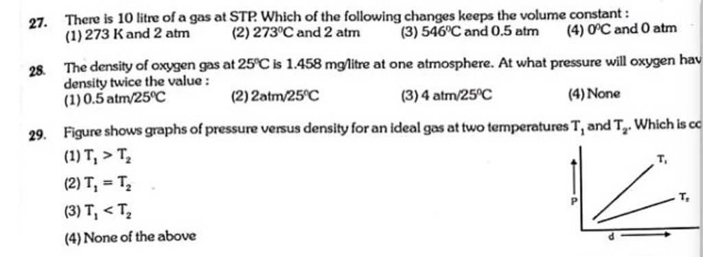 Figure shows graphs of pressure versus density for an ideal gas at two te..