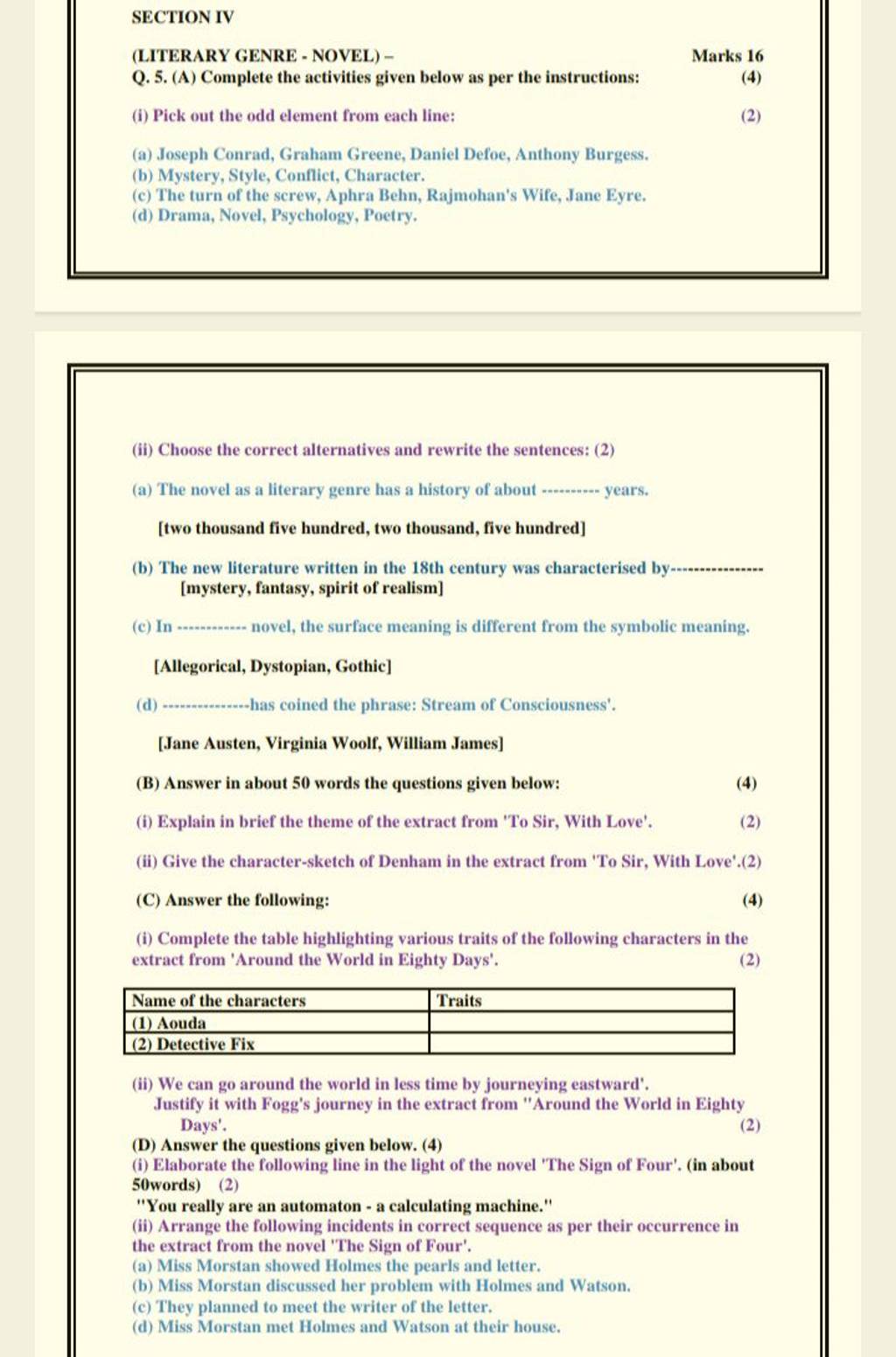 Complete The Table Highlighting Various Traits Of The Following Characte Complete The Table Highlighting Various Traits Of The Following Characte