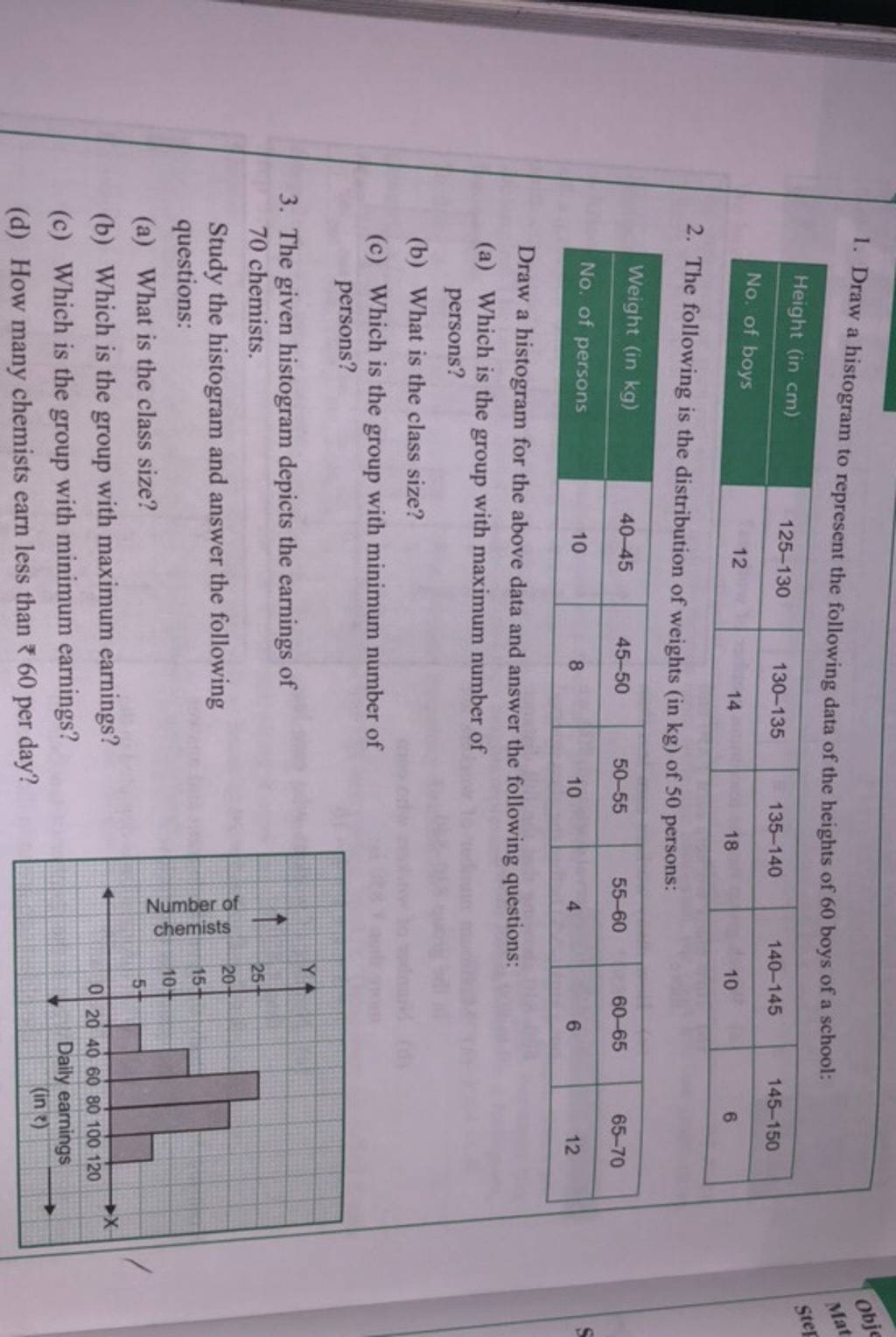 1. Draw a histogram to represent the following data of the heights of 60