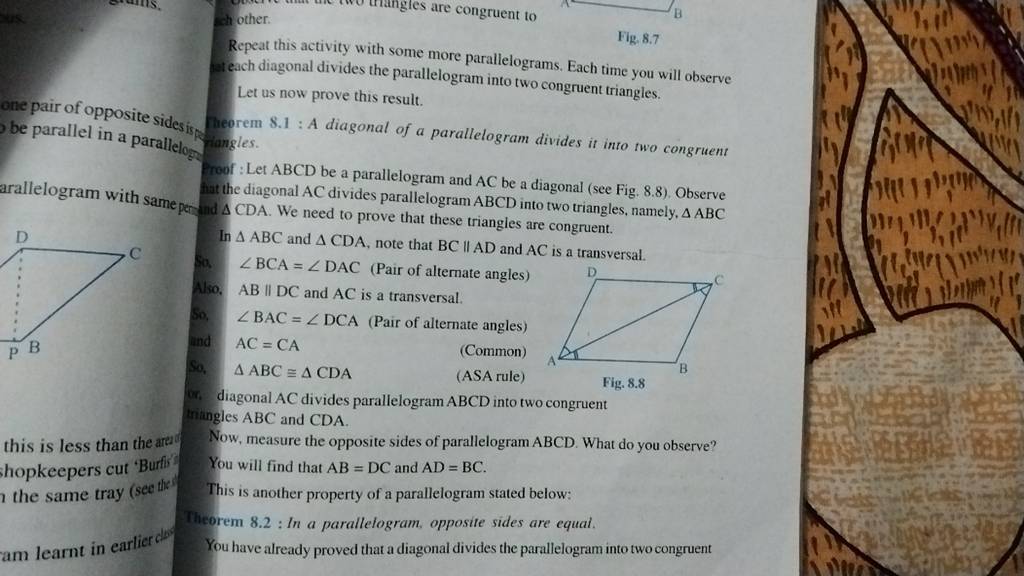 treach diagonal divides the parallelogram into two congruent triangles. L..