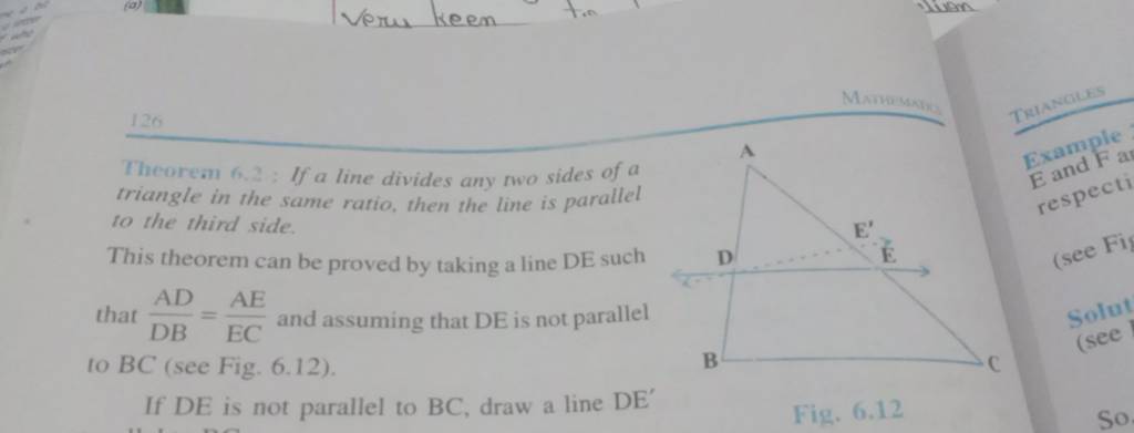 126 Theorem 6,2 : If a line divides any two sides of a triangle in the sa..