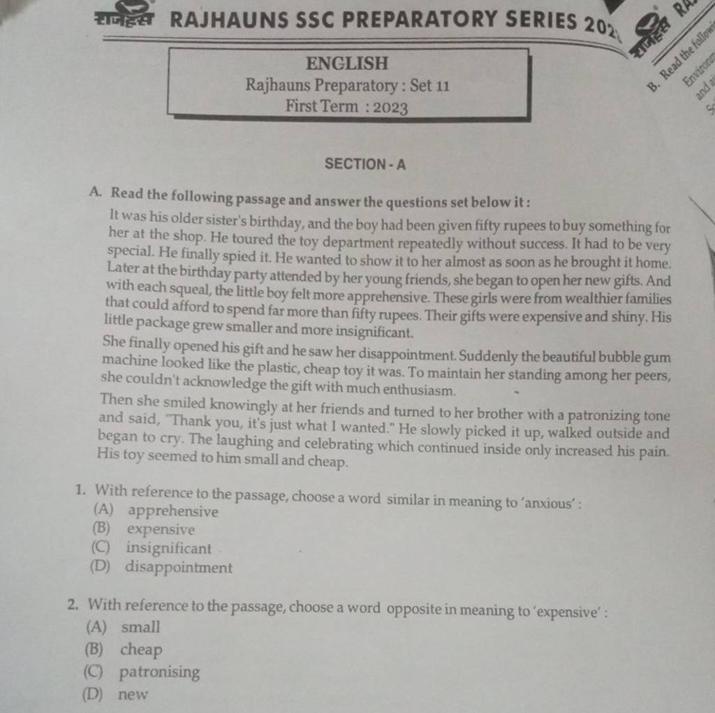 ENGLISH Rajhauns Preparatory : Set 11 First Term : 2023 SECTION-A A. Read..