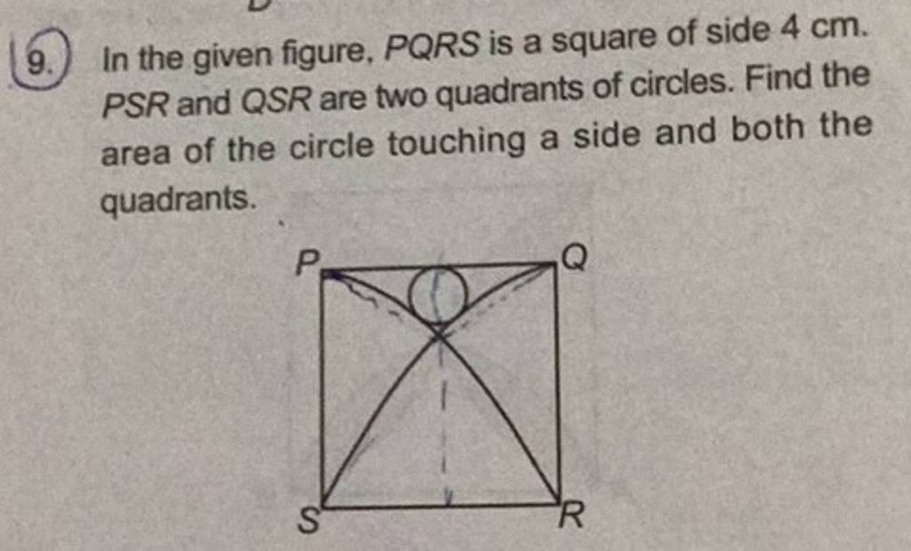 9. In the given figure, PQRS is a square of side 4 cm. PSR and QSR are tw..