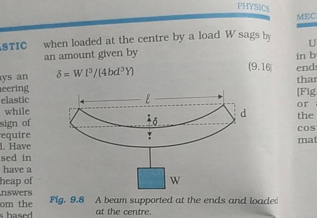 Fig. 9.8 A beam supported at the ends and loaded at the centre. | Filo