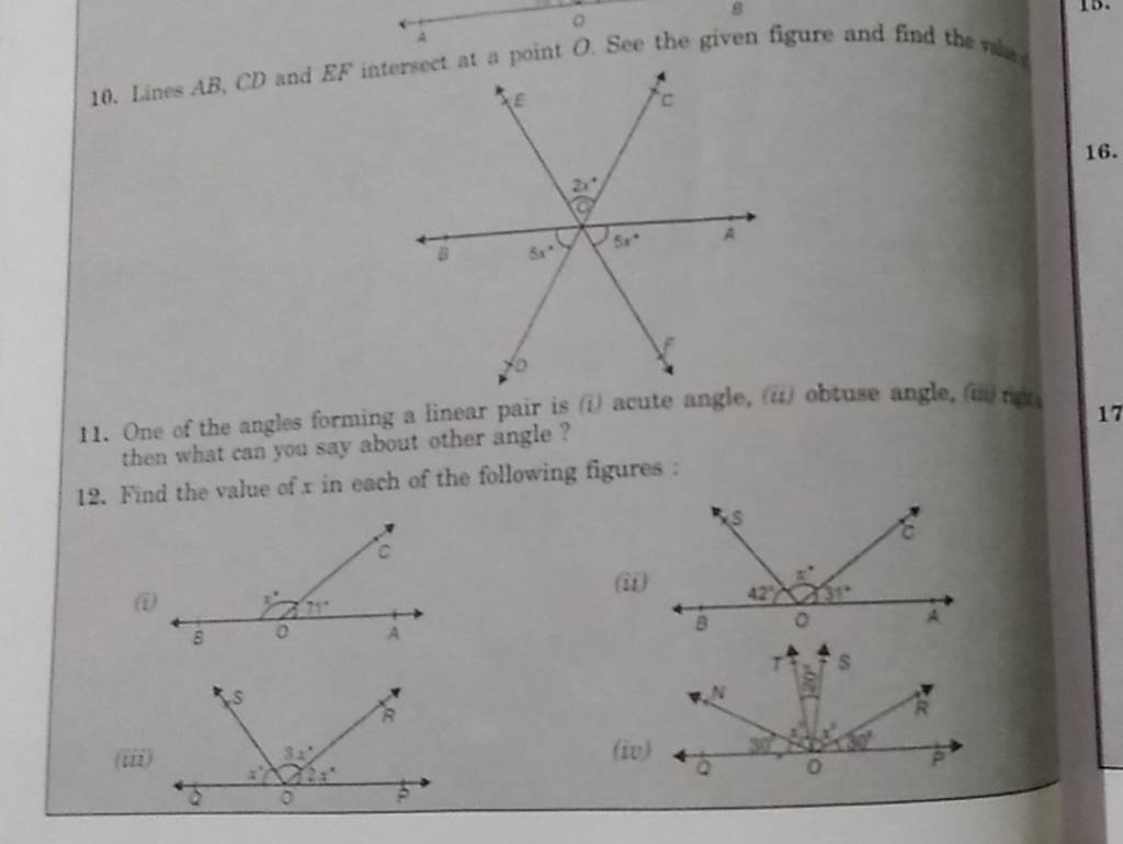 10. Lines AB,CD and EF intersect at a point O. See the given figure and f..