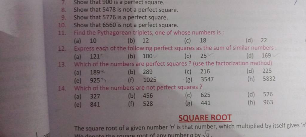 7. Show that 900 is a perfect square. 8. Show that 5478 is not a perfect