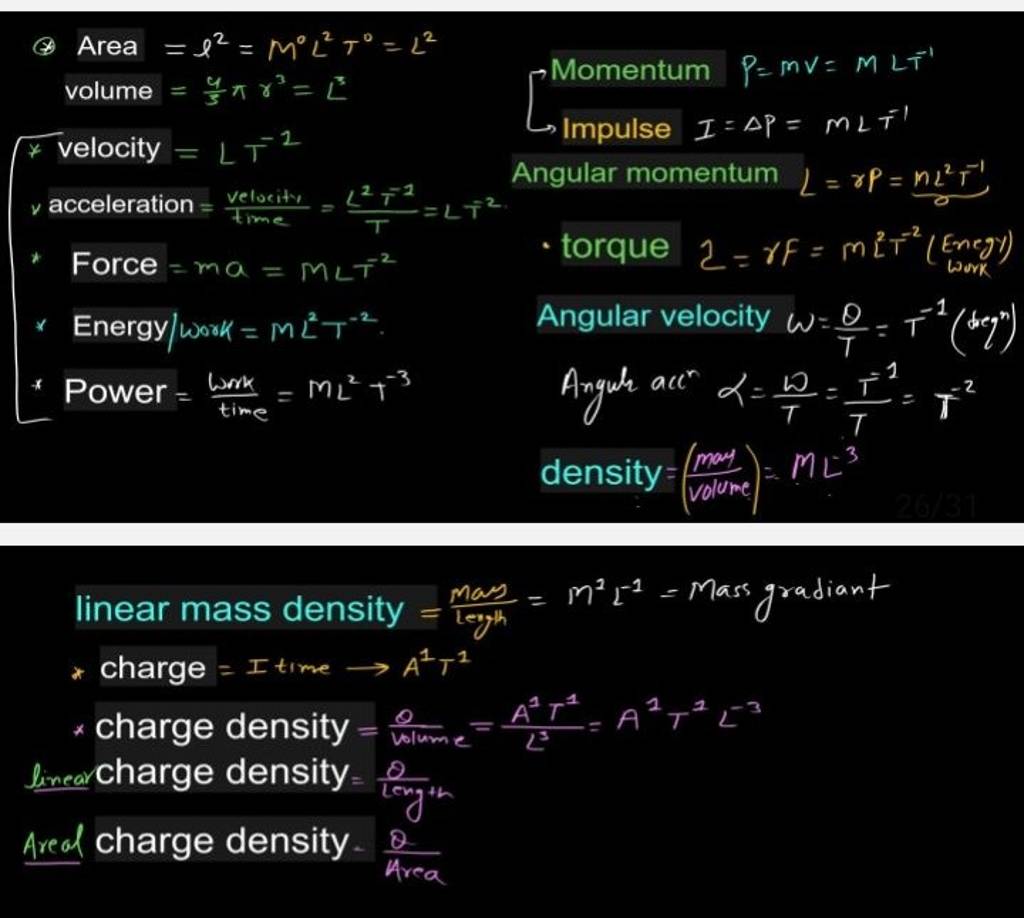 * Force =ma=mLT−2 - torque ν=γF=mL2T−2( Enegy work ∗ Energy/work =ML2T..