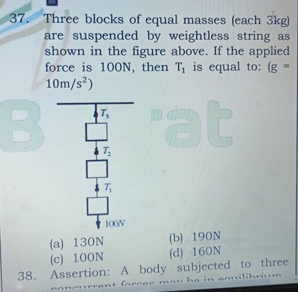 Three blocks of equal masses (each 3 kg ) are suspended by weightless str..