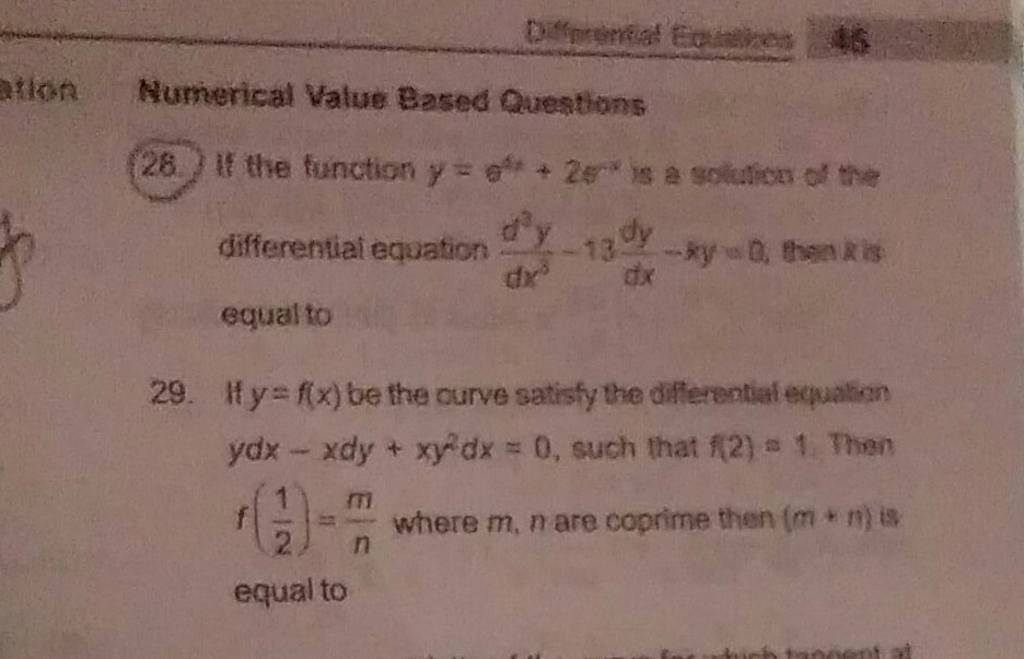 Numerical Value Based Questions 28 If The Function Y2625−1 Is A Solu
