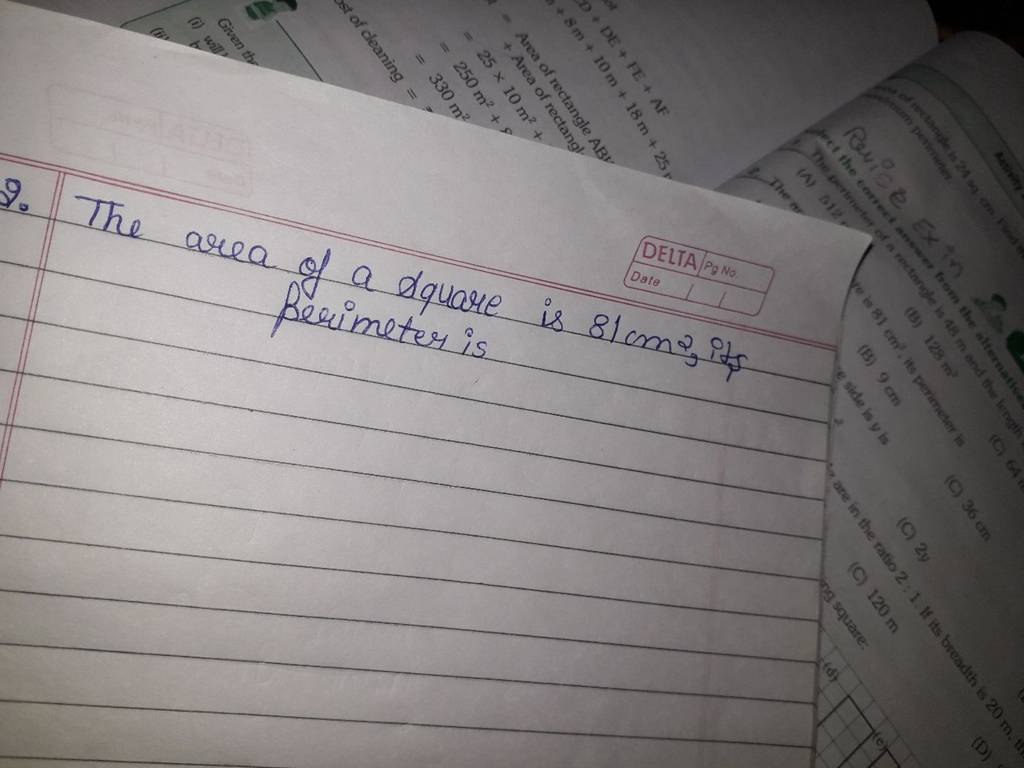 9. The area of a equare is 81cmp ifs perimeter is | Filo