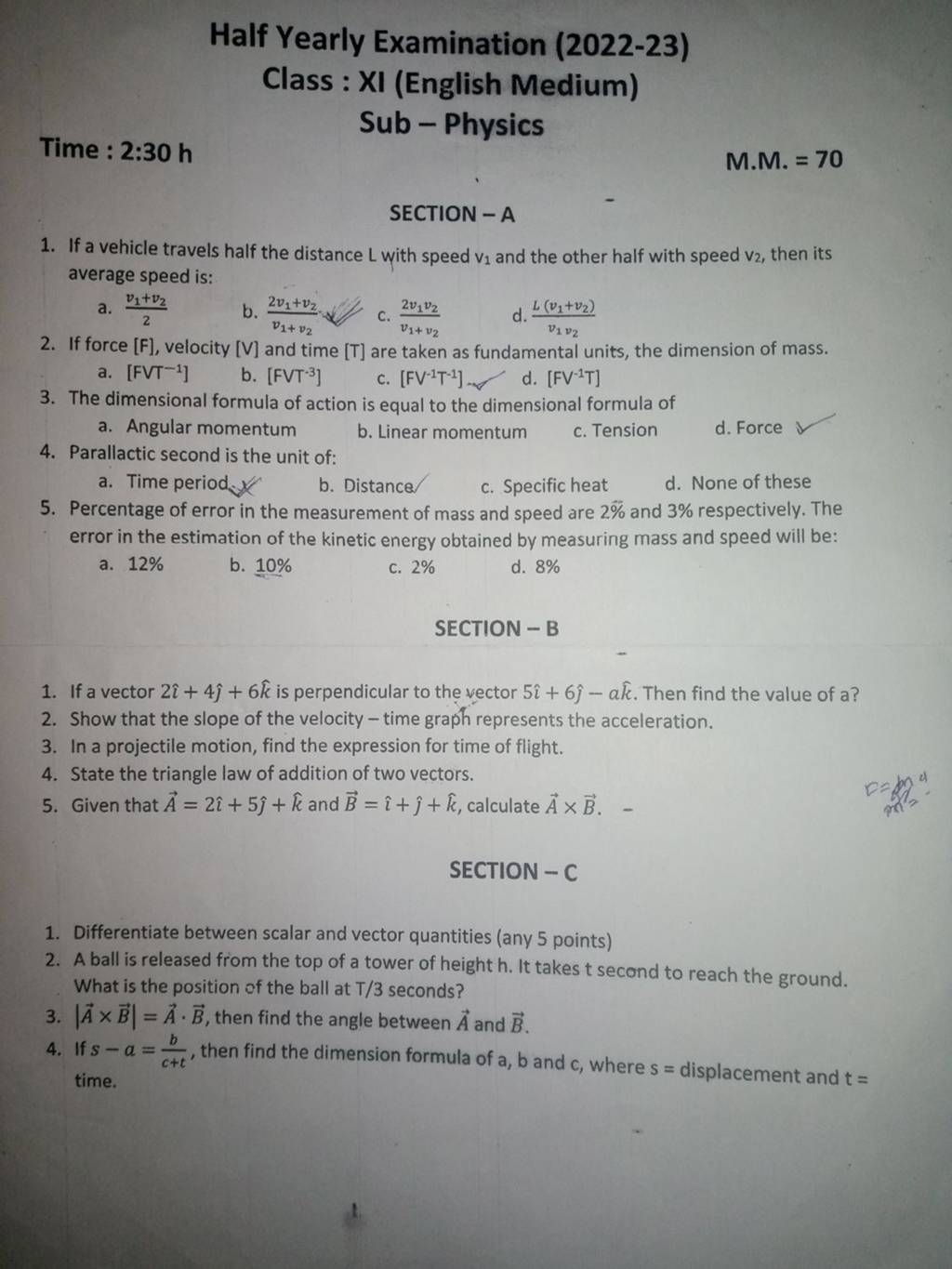 Half Yearly Examination (2022-23) Class : XI (English Medium) Sub - Physi.. Half Yearly Examination (2022-23) Class : XI (English Medium) Sub - Physi..