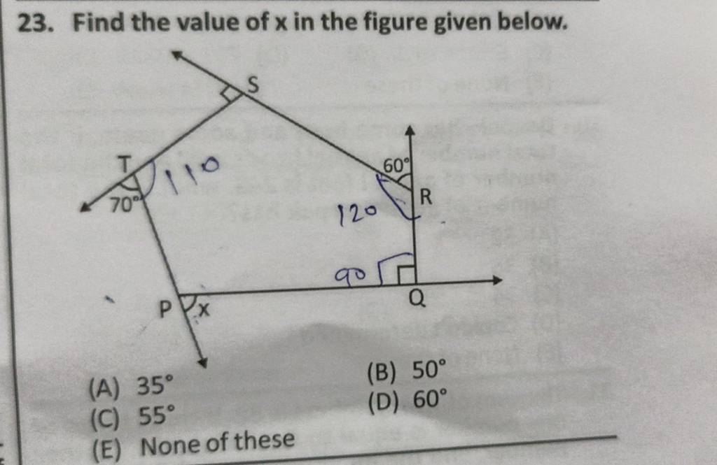 23. Find the value of x in the figure given below. (A) 35∘ (B) 50∘ (C) 55..