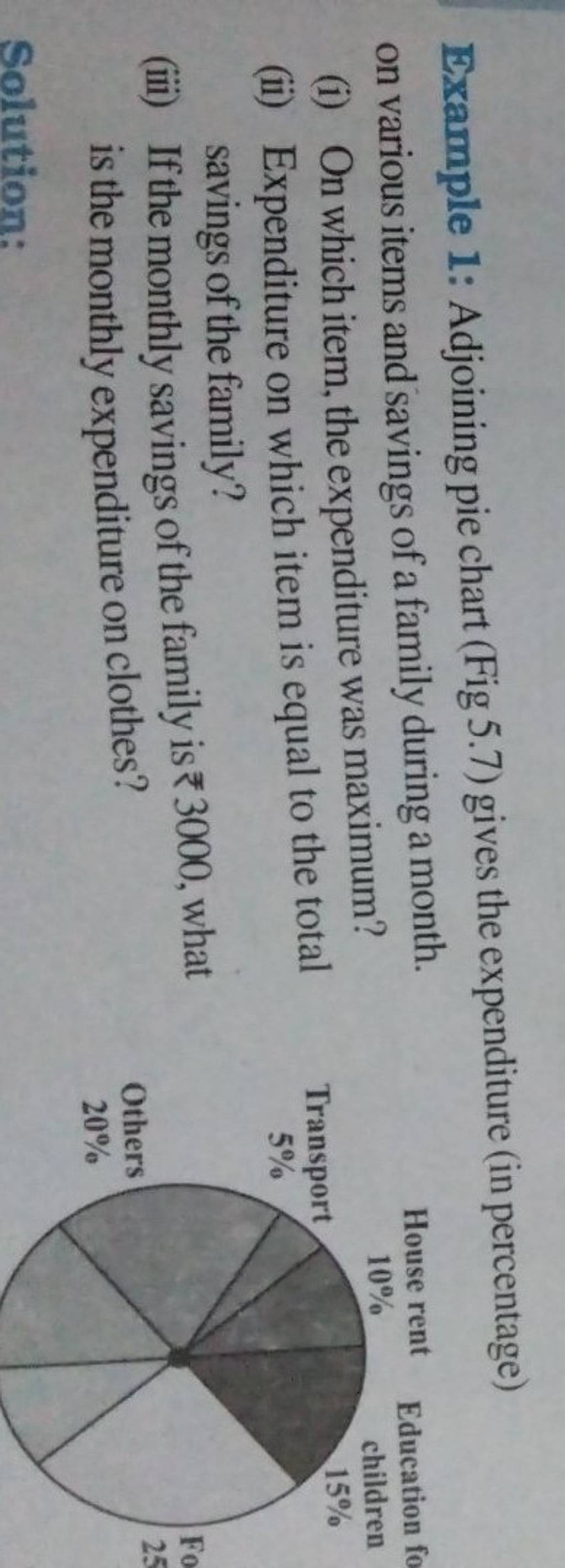 Example 1: Adjoining pie chart (Fig 5.7) gives the expenditure (in percen.. Example 1: Adjoining pie chart (Fig 5.7) gives the expenditure (in percen..