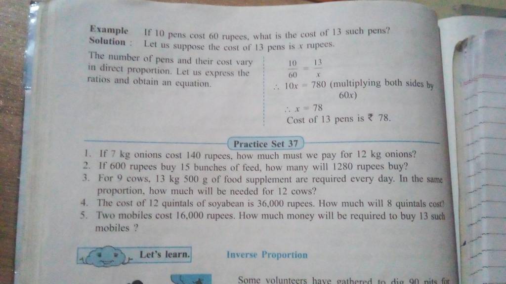 Example If 10 pens cost 60 rupees, what is the cost of 13 such pens? Solu..