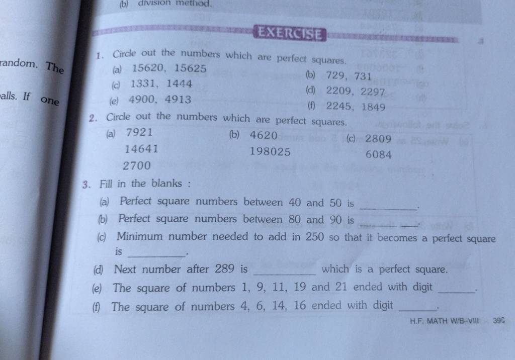 1 Circle Out The Numbers Which Are Perfect Squares a 15620 15625 c 