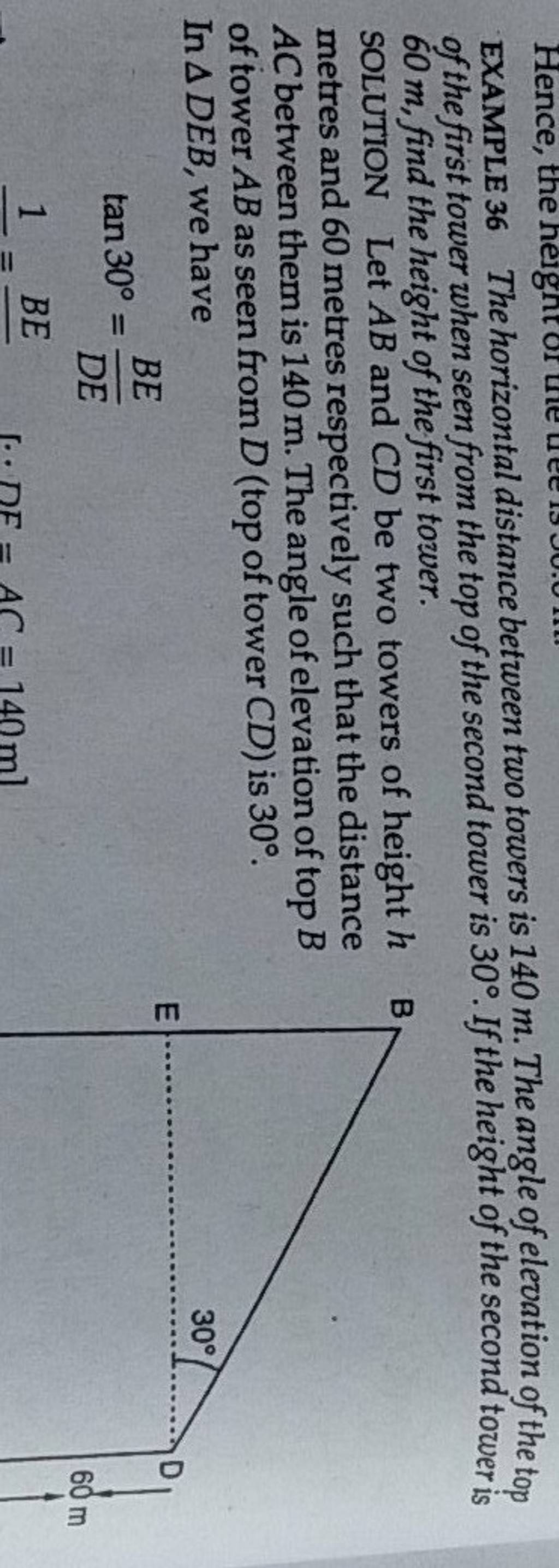 EXAMPLE 36 The horizontal distance between two towers is 140 m. The angle..