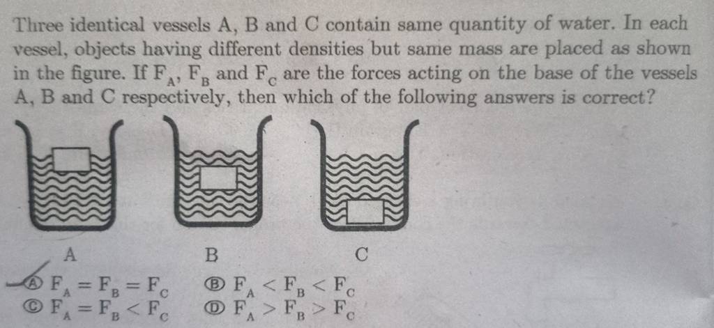 Three identical vessels A, B and C contain same quantity of water. In eac..
