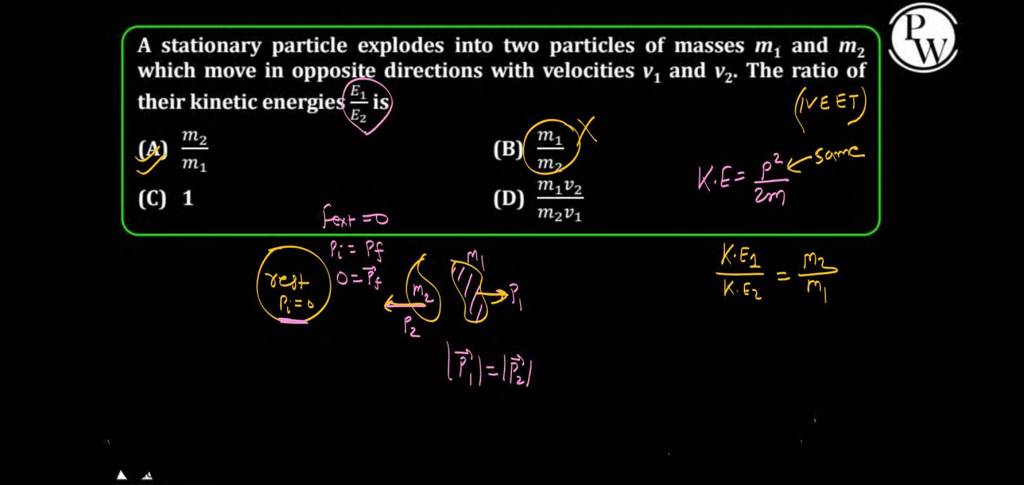 A stationary particle explodes into two particles of masses m, and m₂ whi..