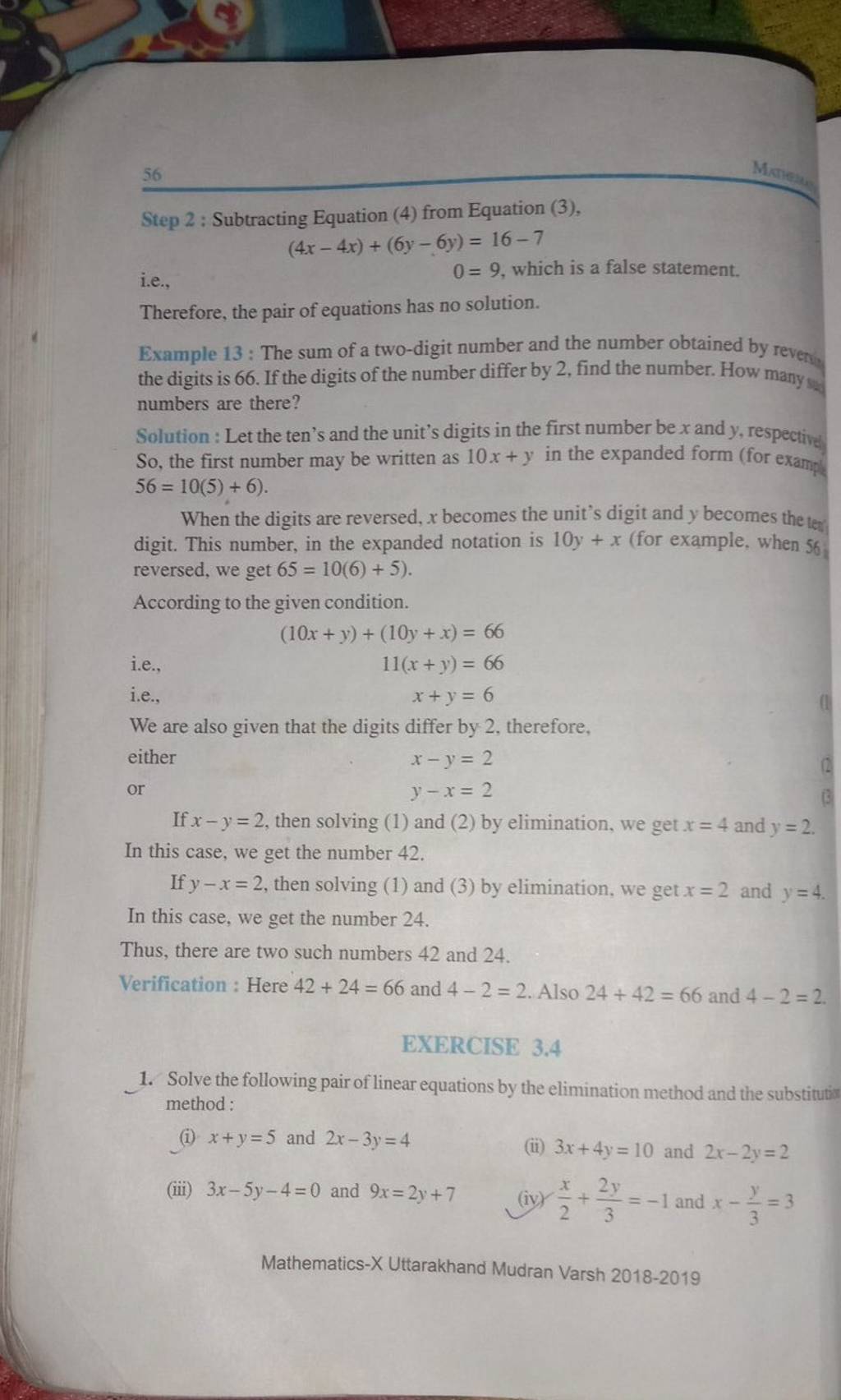 56 Step 2 : Subtracting Equation (4) from Equation (3), (4x−4x)+(6y−6y)=1..