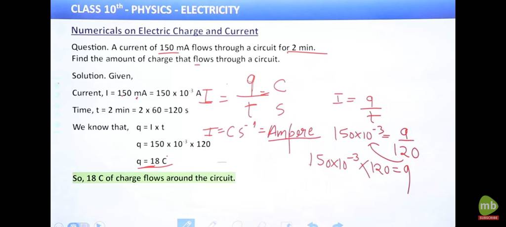 CLASS 10th - PHYSICS - ELECTRICITY Numericals on Electric Charge and Cur..