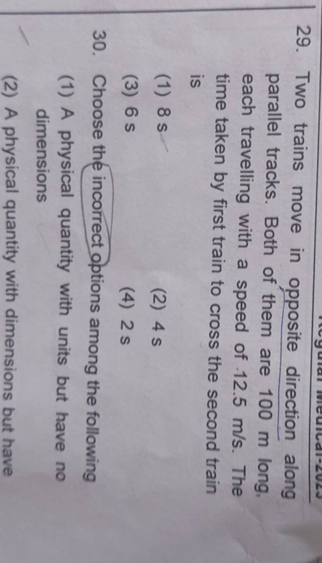 Two trains move in opposite direction along parallel tracks. Both of them..