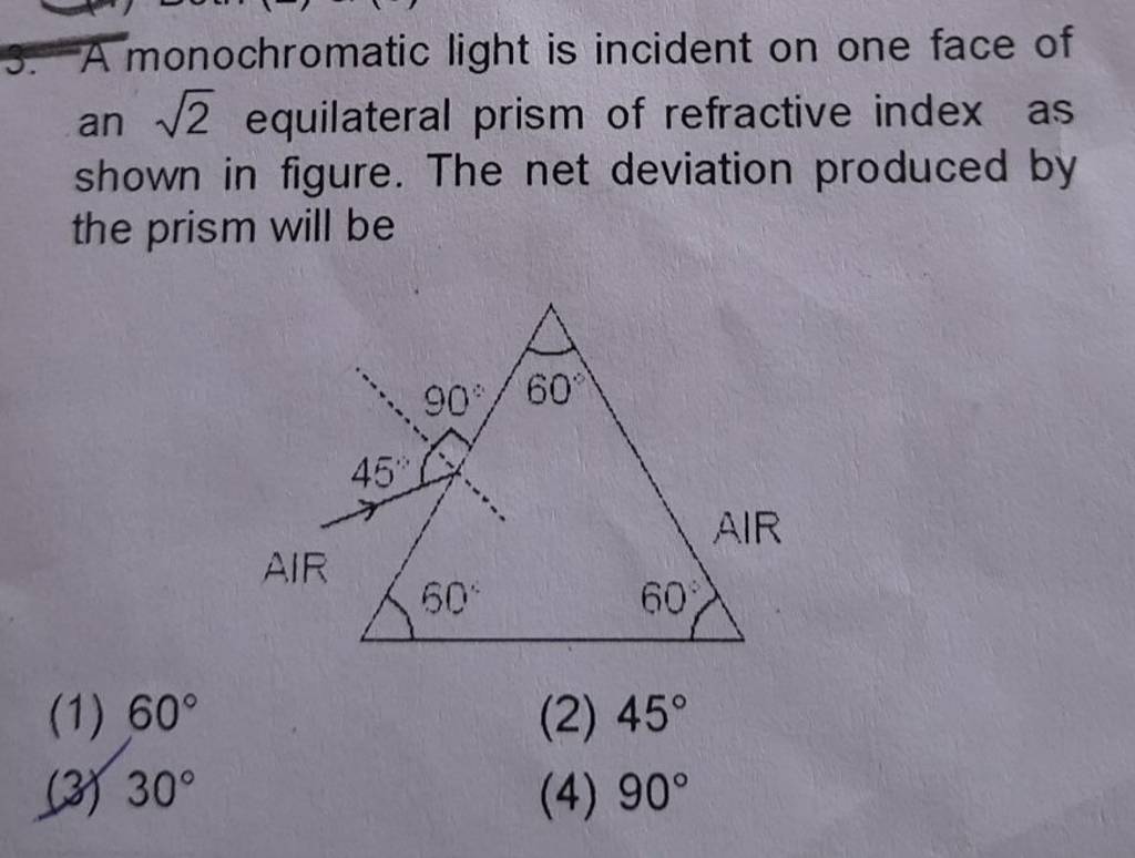 A monochromatic light is incident on one face of an 2 equilateral prism