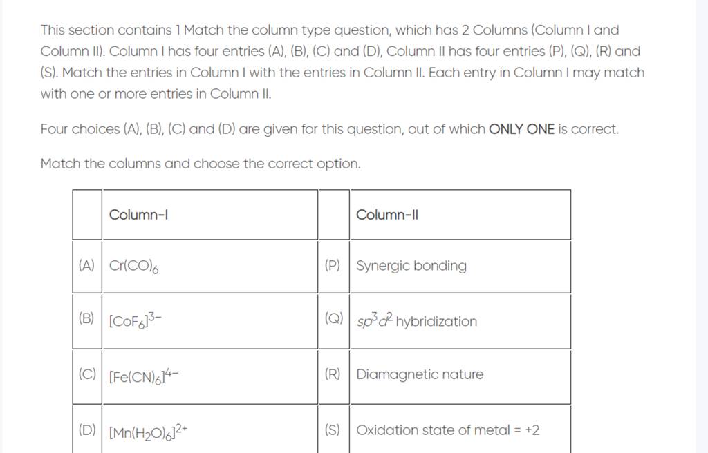 This section contains 1 Match the column type question, which has 2 Colum..