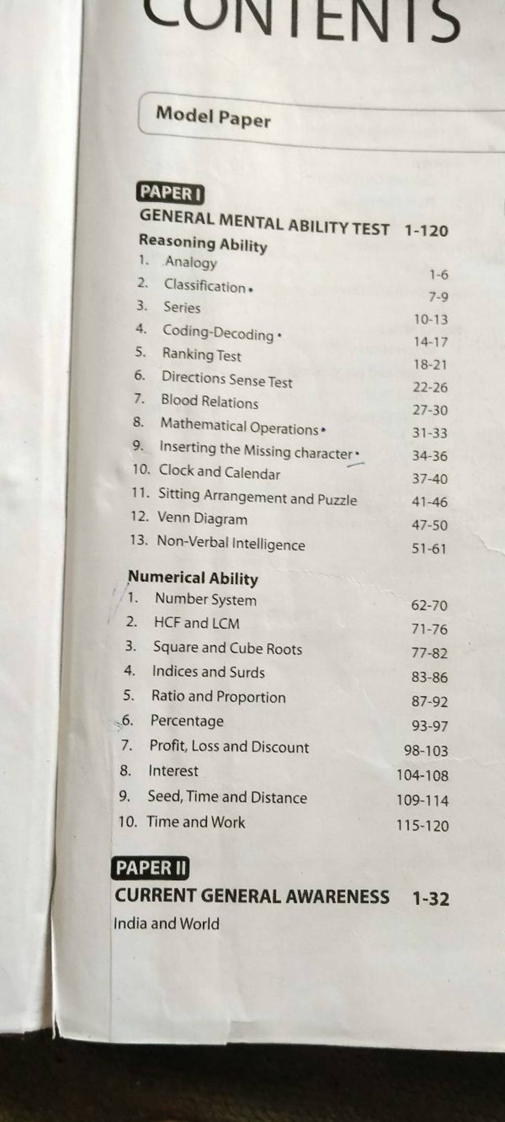 Model Paper PAPERI GENERAL MENTAL ABILITY TEST 1−120 Reasoning Ability..