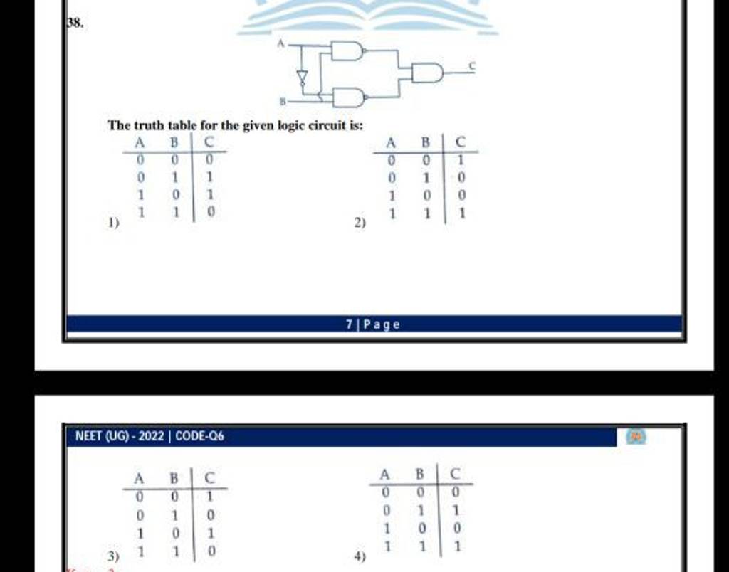 The truth table for the given logic circuit is: ABC000011101110 7 Page NE..