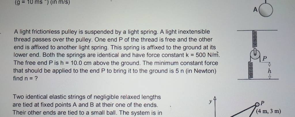 A light frictionless pulley is suspended by a light spring. A light inext..