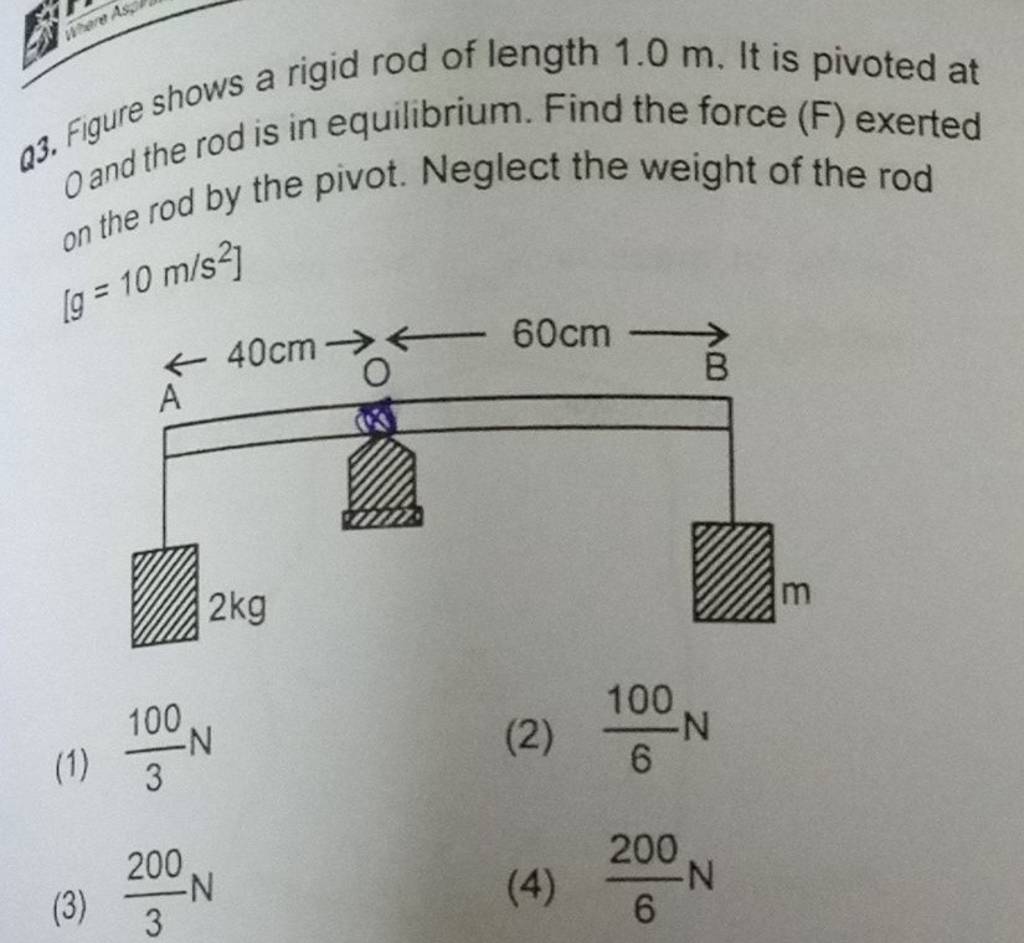 a3. Figure shows a rigid rod of length 1.0 m. It is pivoted at 0 and the