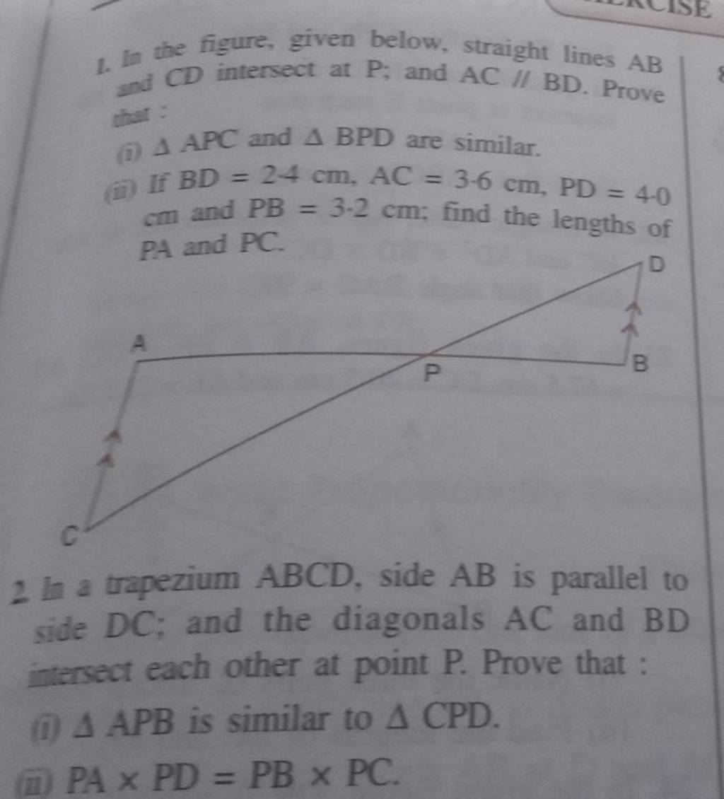 1. In the figure, given below, straight lines AB and CD intersect at P; a..