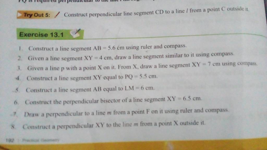 Try Out 5: I Construct perpendicular line segment CD to a line l from a p..
